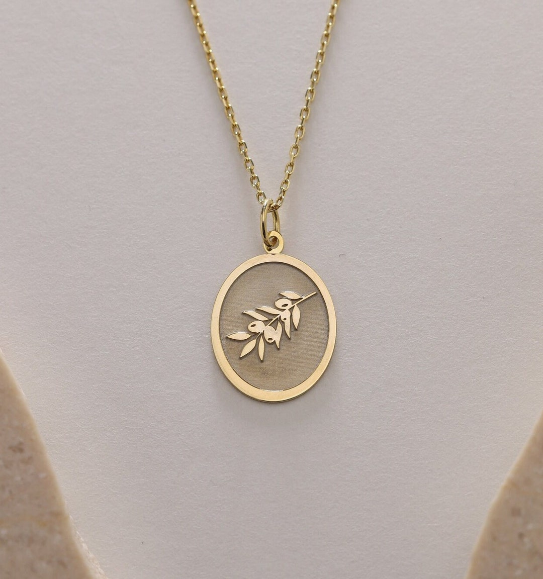 14k Gold Olive Branch Necklace , Solid Gold Olive Pendant , Personalized Olive Tree Branch Leaf ...
