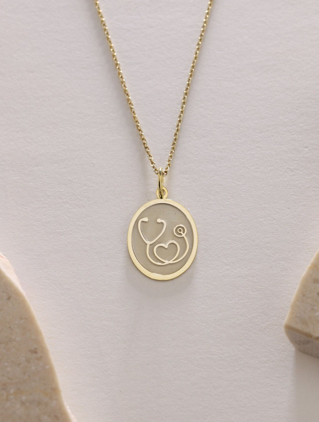 14k Gold Medic Necklace , Stethoscope Jewelry Pendant , Personalized ...