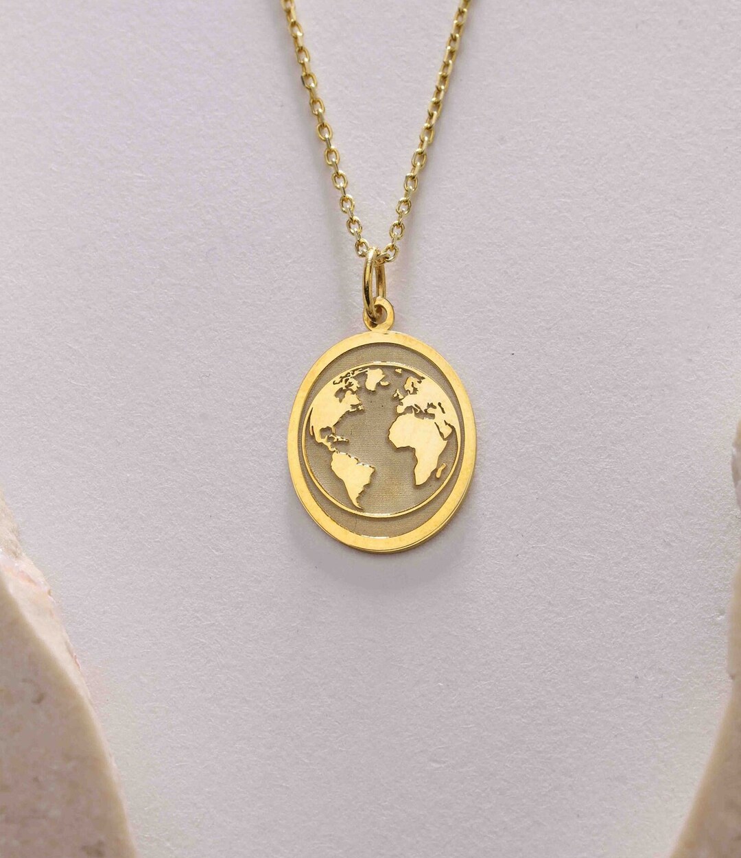 14k Solid Gold Earth Necklace, World Map Medallion Necklace, Gold Coin ...