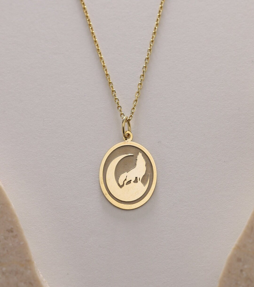 14 Gold Wolf Necklace, Dainty Howling Wolf Pendant, Layering Charm Gold ...
