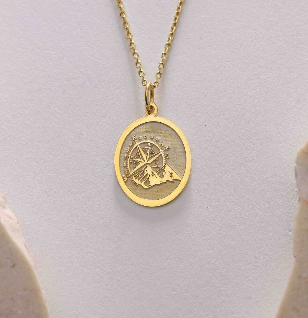 14k Gold Compass Necklace, Gold Mountain Compass Pendant, Personalized ...