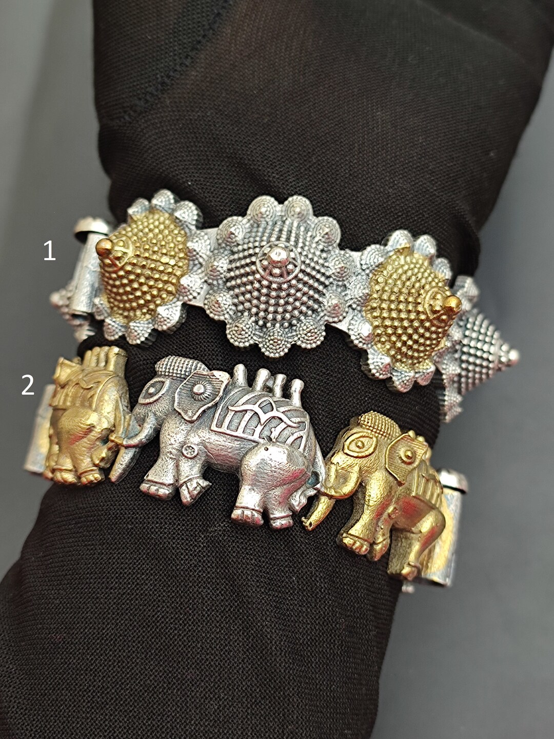 Flower & Elephant Theme Oxidized Dual Tone Bangle Bracelet Purely Handcrafted Traditional ...
