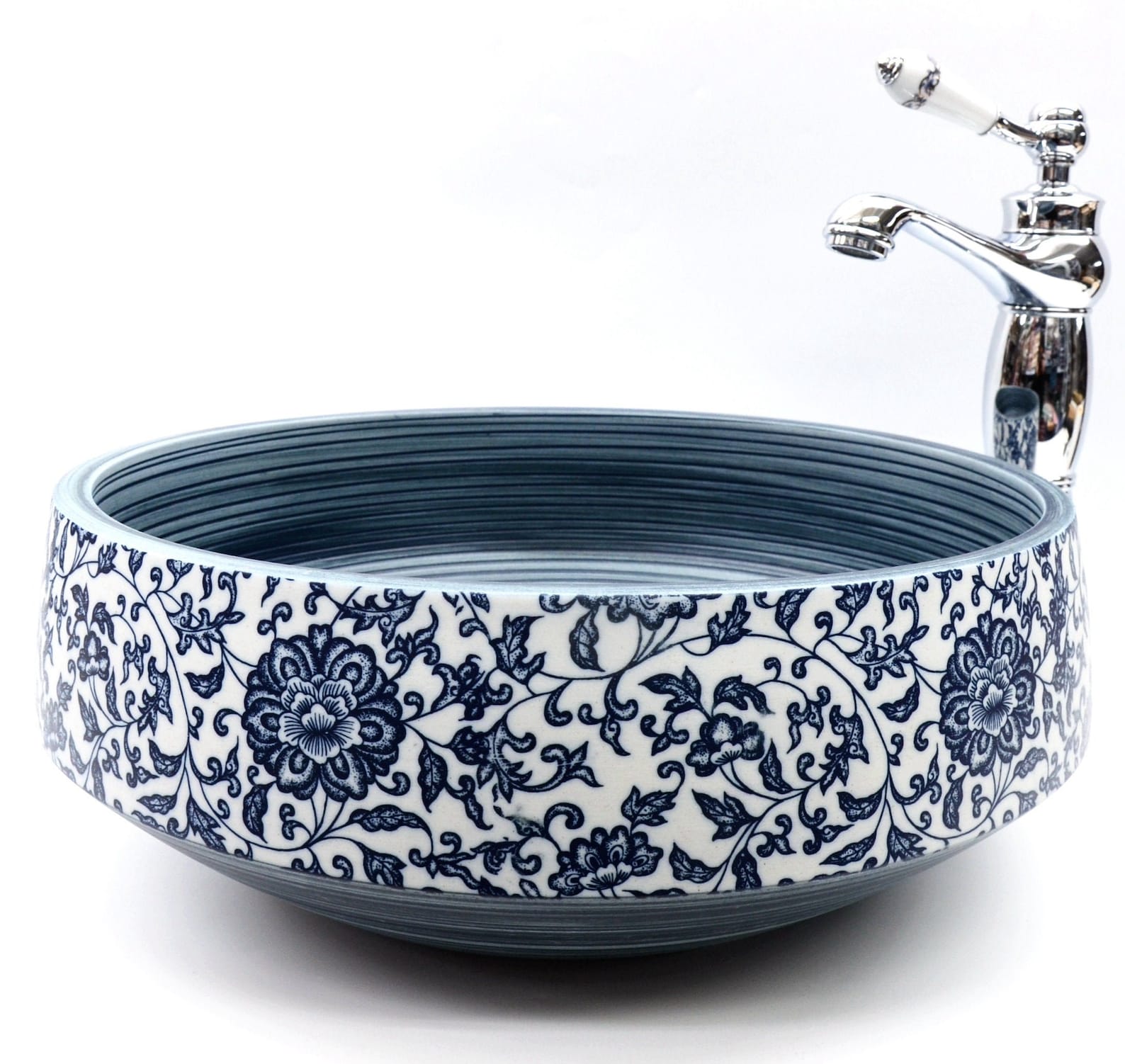 Vintage Floral Patterned Basin Sink Handmade Round Bathroom Vessel Blue ...
