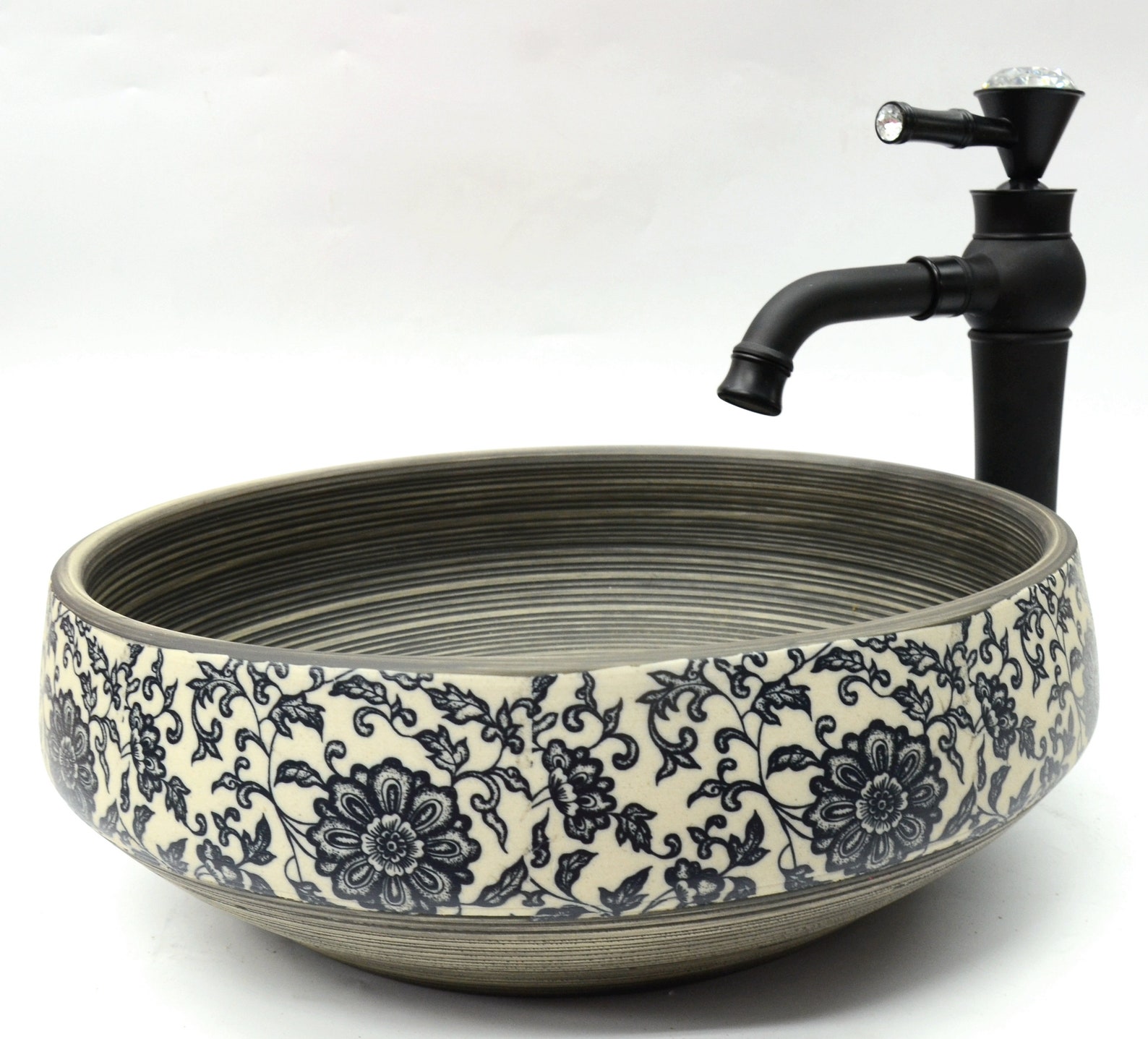 Vintage Floral Patterned Basin Sink Handmade Round Bathroom Vessel ...