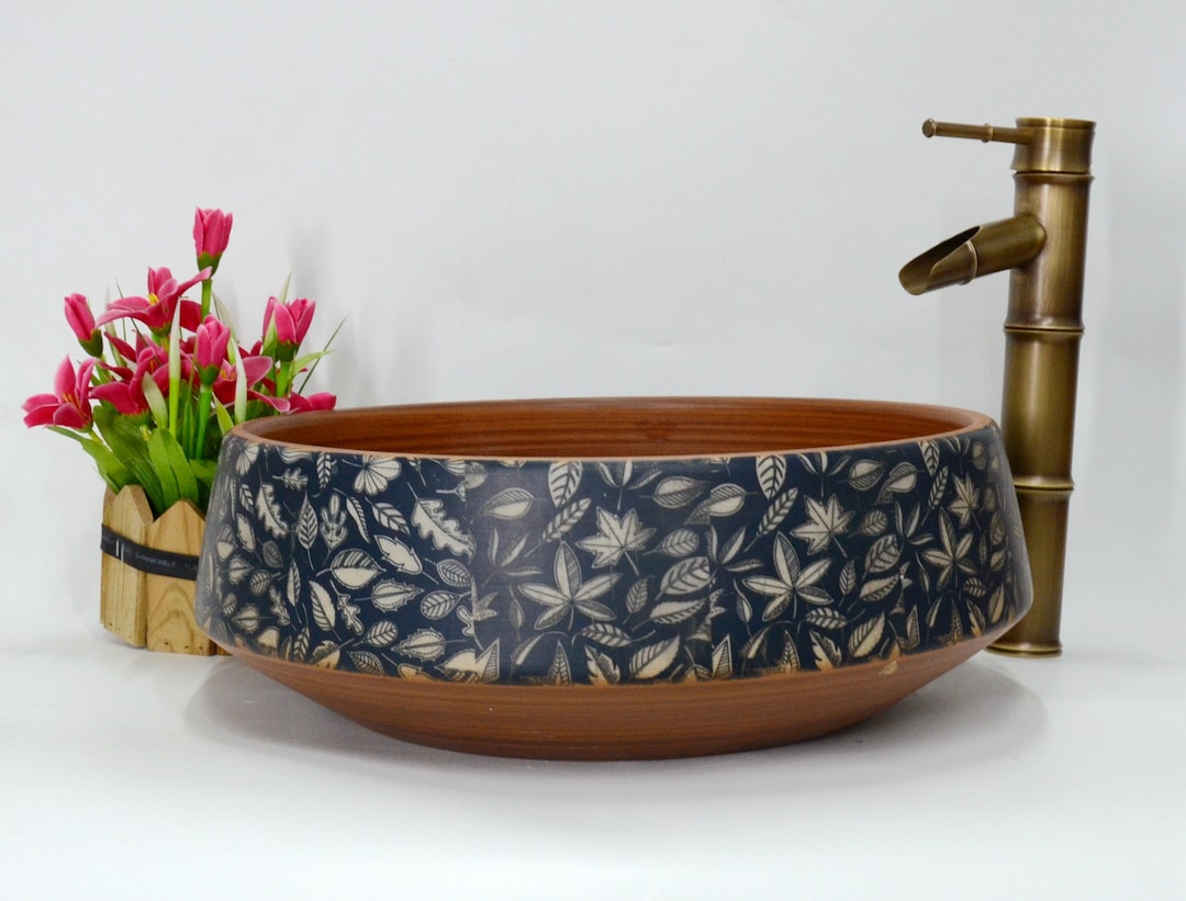 Vintage Floral Leaves Leaf Pattern Basin Sink Handmade Round Bathroom ...