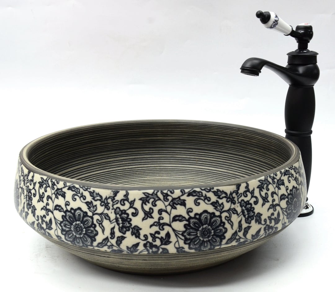 Vintage Floral Patterned Basin Sink Handmade Round Bathroom Vessel ...