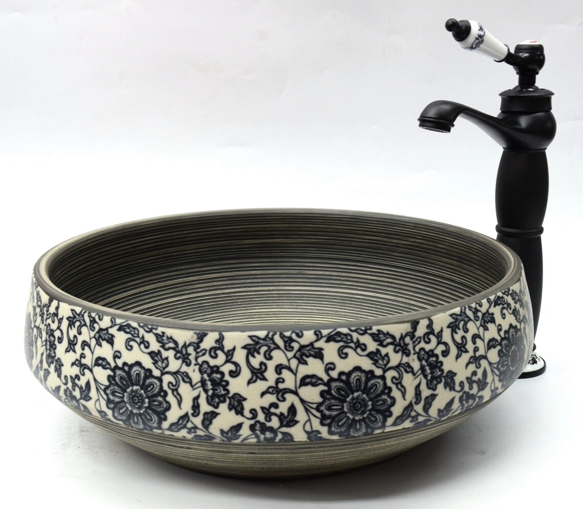Vintage Floral Patterned Basin Sink Handmade Round Bathroom - Etsy UK