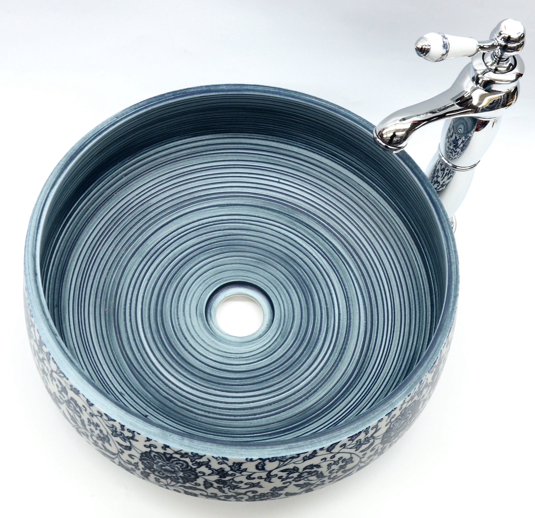 Vintage Floral Patterned Basin Sink Handmade Round Bathroom Vessel Blue ...