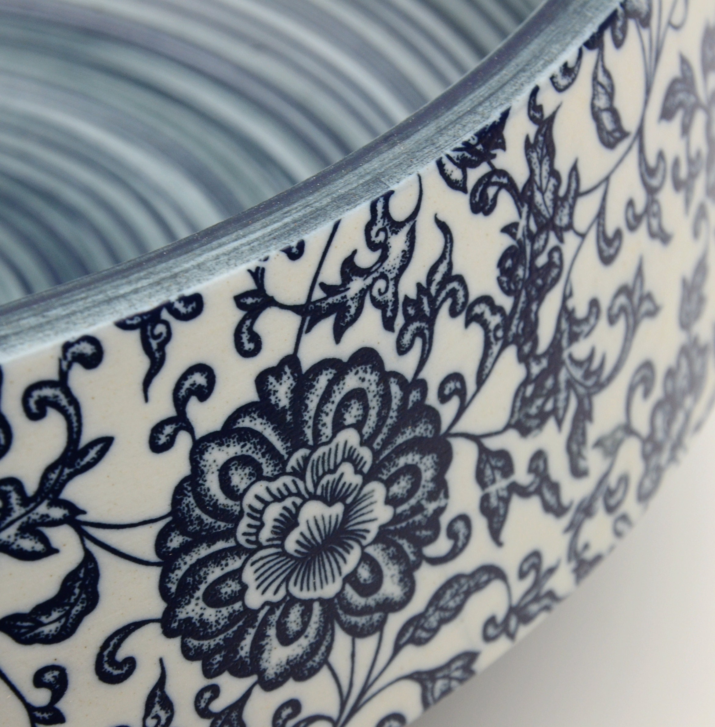 Vintage Floral Patterned Basin Sink Handmade Round Bathroom Vessel Blue ...