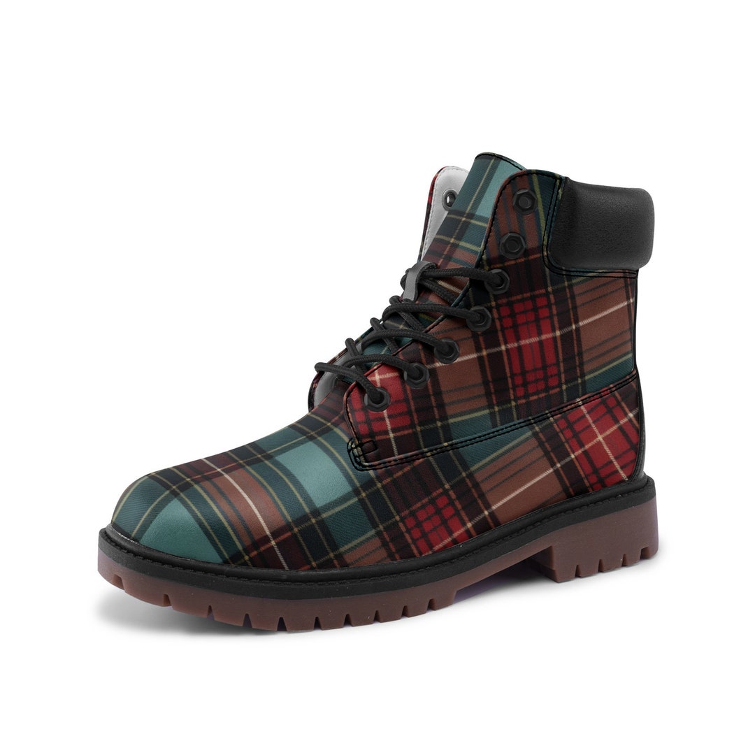 Red Scottish Tartan Boots, Combat Boots, Premium Lightweight Microfiber ...