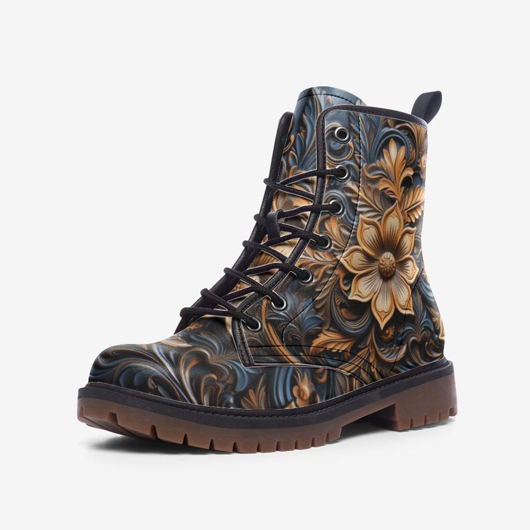 Dark Baroque Floral Combat Boots, Gold Ornate Flower, Vegan Leather ...