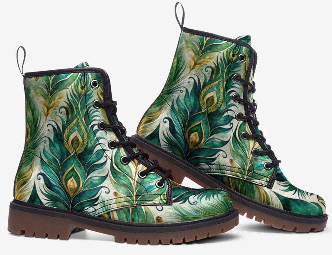 Peacock Combat Boots, Peacock Feather, Vegan Leather Lightweight Boots ...