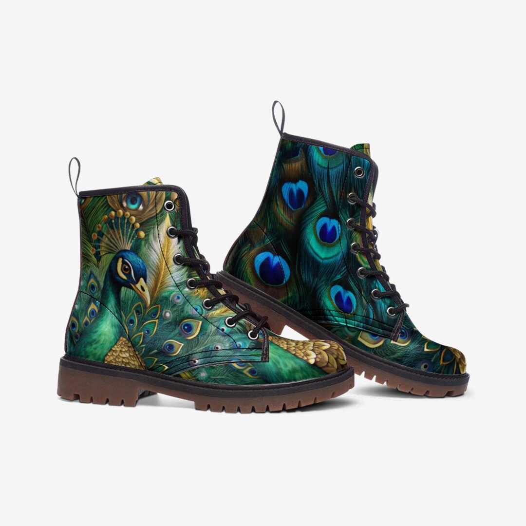 Peacock Combat Boots, Peacock Feather, Vegan Leather Lightweight Boots ...
