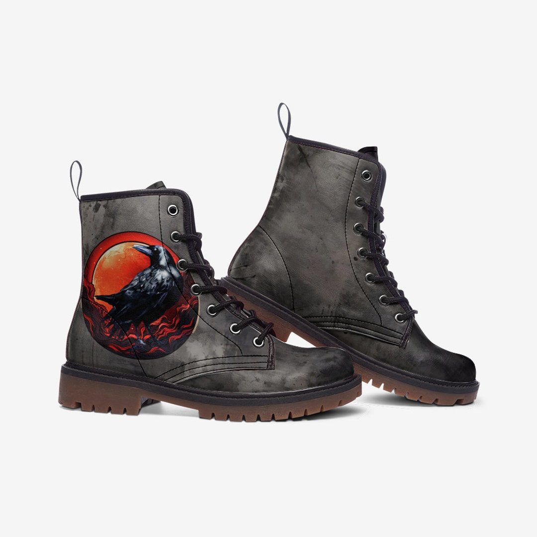 Raven Crow Combat Boots, Viking, Nordic, Red Moon, Casual Leather ...