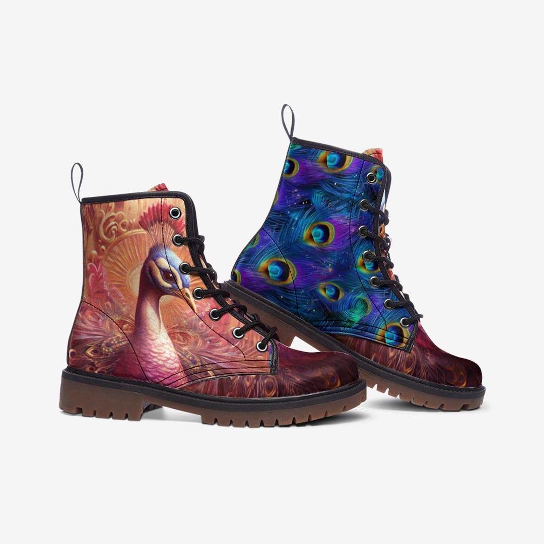 Peacock Combat Boots, Peacock Feather, Vegan Leather Lightweight Boots ...
