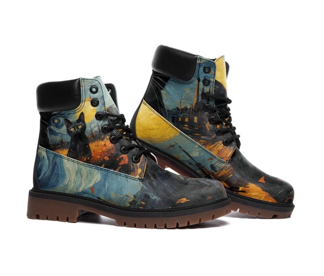 Black Cat Starry Night Combat Boots, Van Gogh Painting, Art Boots ...