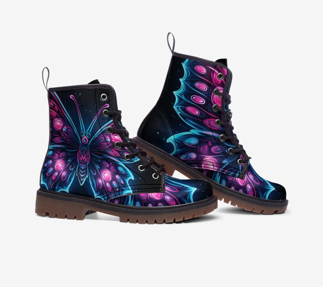 Butterfly Combat Boots, Neon Glowing, Vegan Leather, Girl Boots, Casual ...