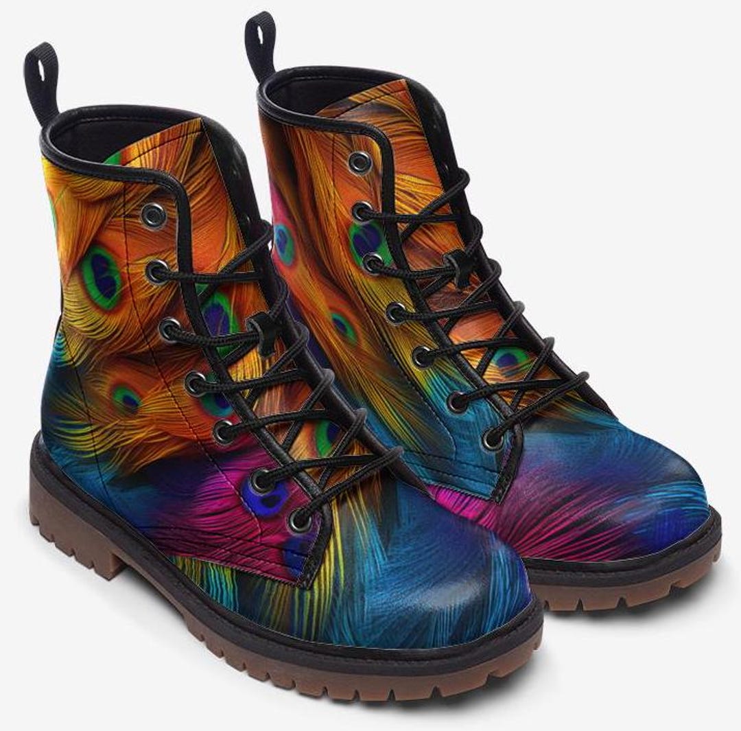 Peacock Combat Boots, Peacock Feather, Vegan Leather Lightweight Boots ...