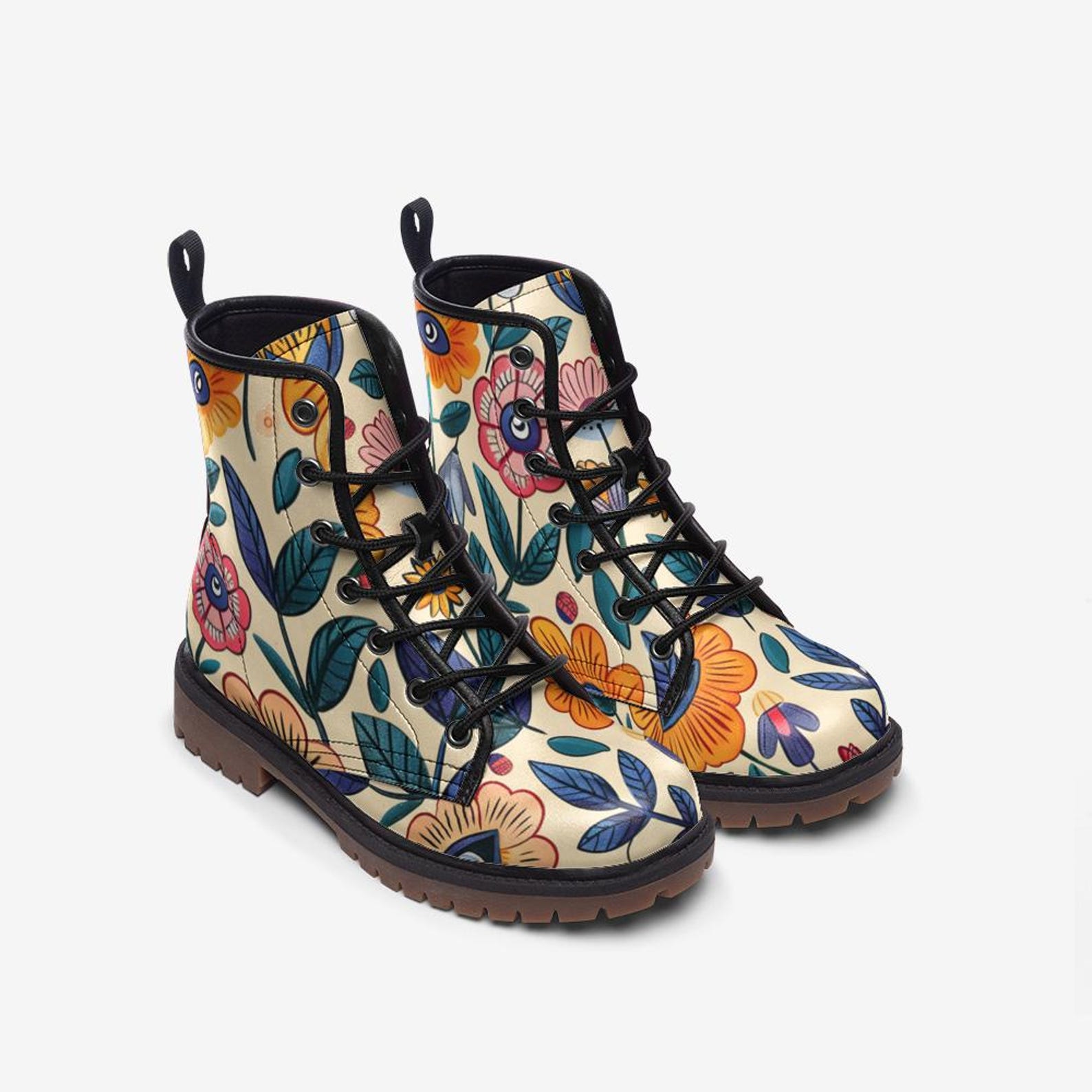 70s Retro Groovy Seamless Floral Art Vegan Leather Lightweight Boots MT ...