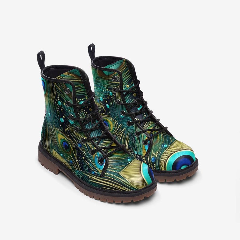 Peacock Combat Boots, Peacock Feather, Vegan Leather Lightweight Boots ...