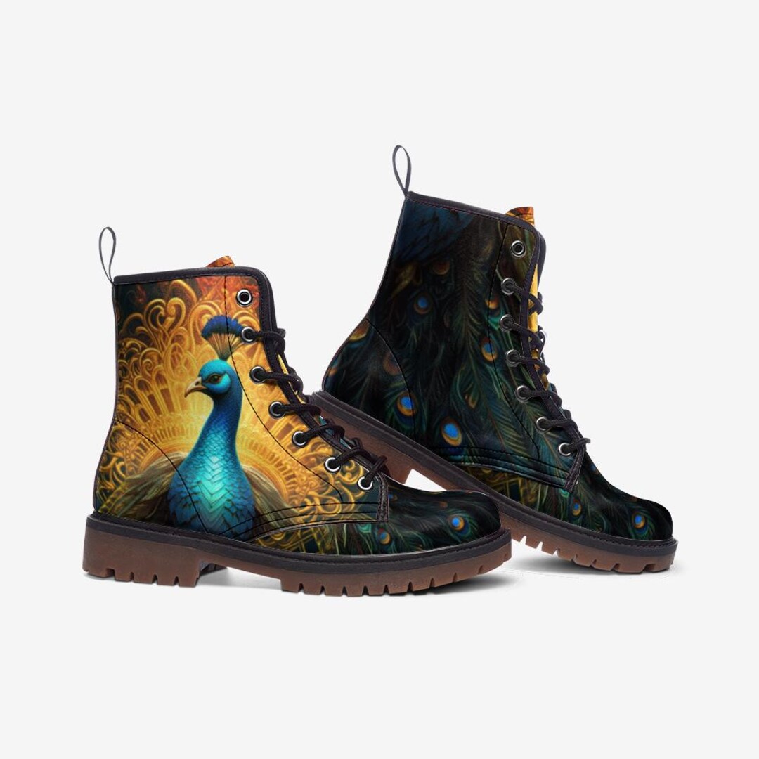 Peacock Combat Boots, Peacock Feather, Vegan Leather Lightweight Boots ...