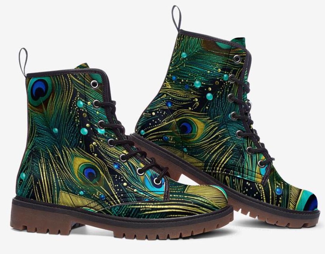 Peacock Combat Boots, Peacock Feather, Vegan Leather Lightweight Boots ...