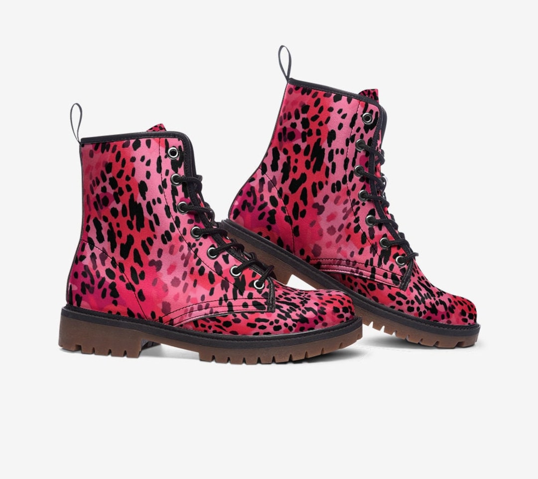 Pink Leopard Combat Boots - Vegan Leather, Casual Lightweight Military ...