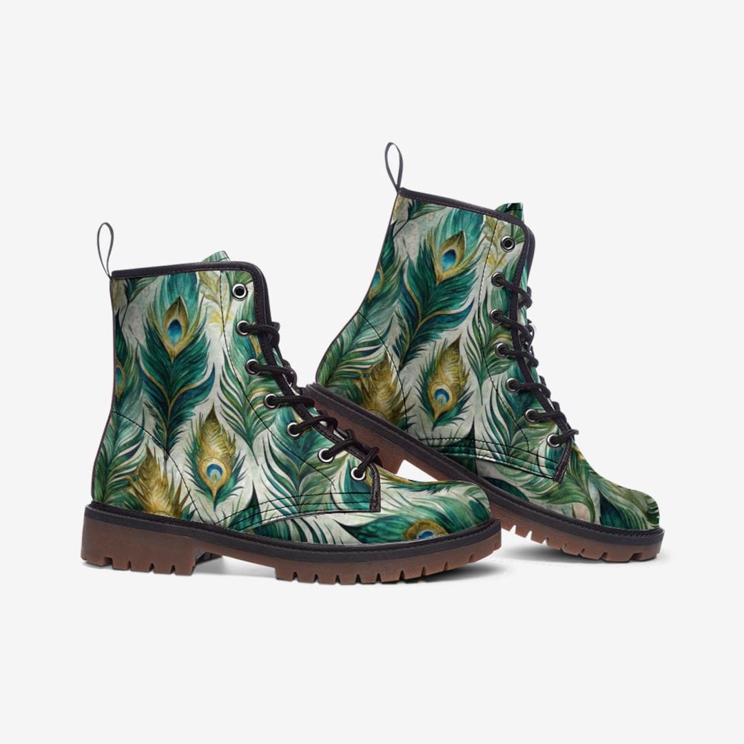 Peacock Combat Boots, Peacock Feather, Vegan Leather Lightweight Boots ...