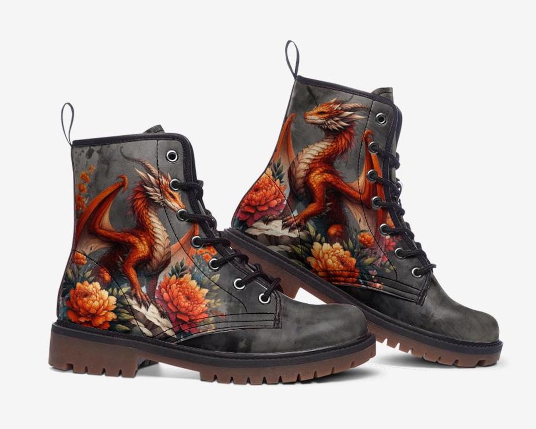 Floral Mystical Dragon Boots, Fantasy Casual Leather Lightweight Combat ...