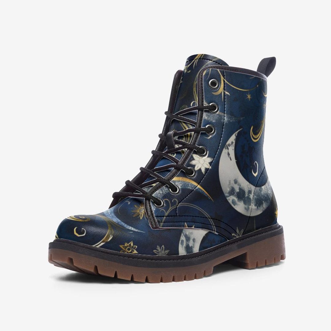 Celestial Moon Phases Combat Boots, Csomic Stars and Sun, Vegan Leather ...