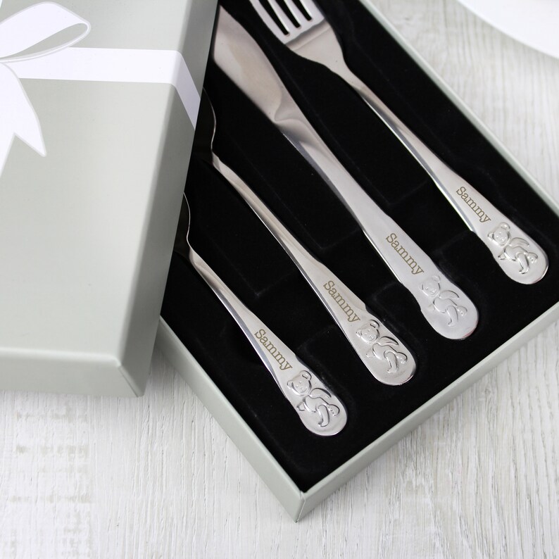 Personalised 4PC Silver Embossed Cutlery Set Gift Box Teddy - Etsy UK