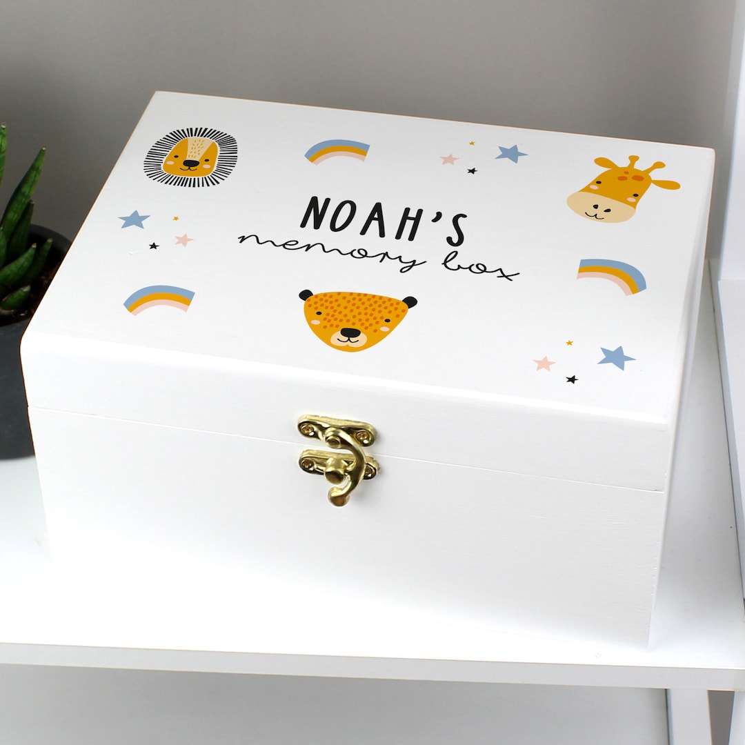 Personalise Cute Zoo Animals White Keepsake Box, Baby Storage Memories ...