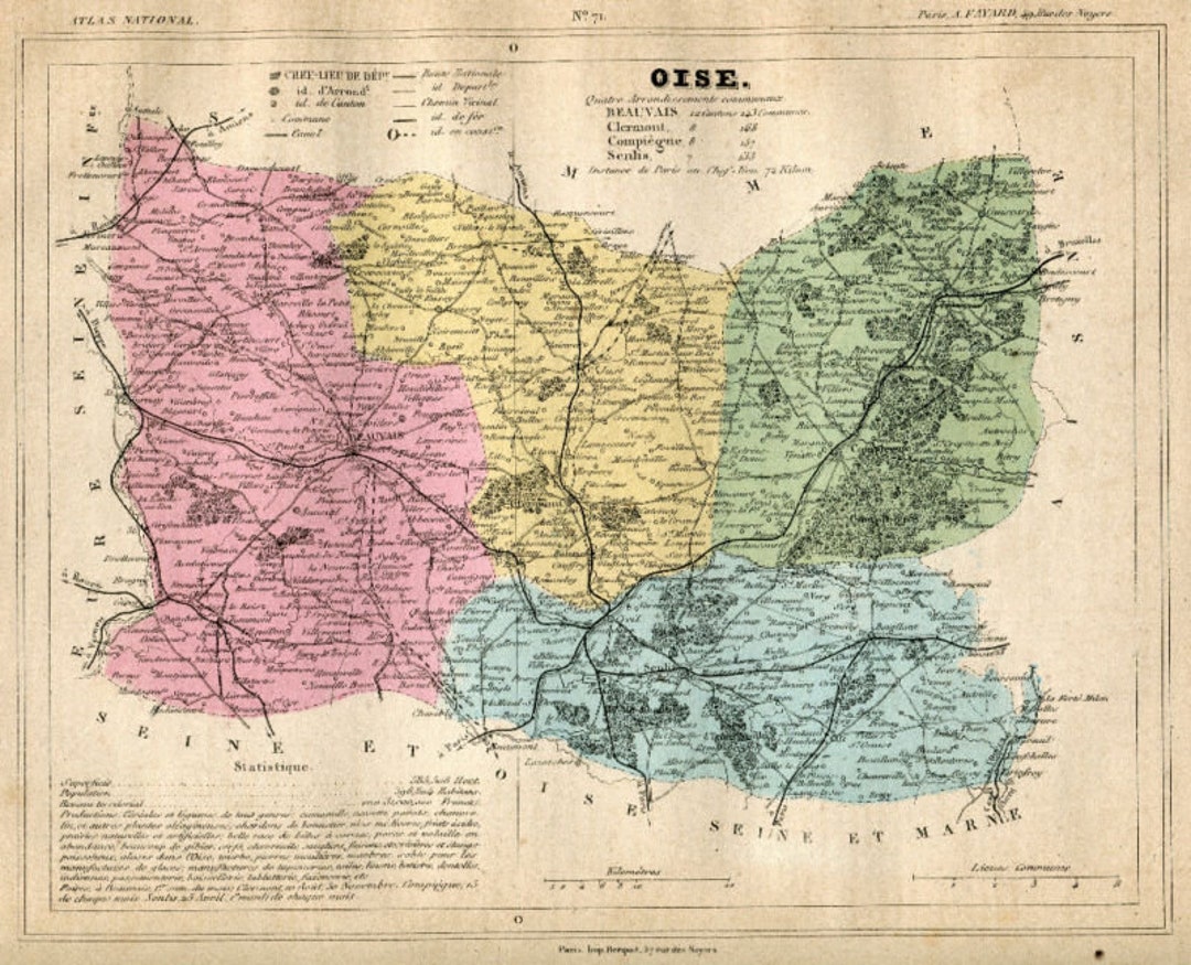 Genuine Original Antique 1877 France Hand Colored Map OISE French ...