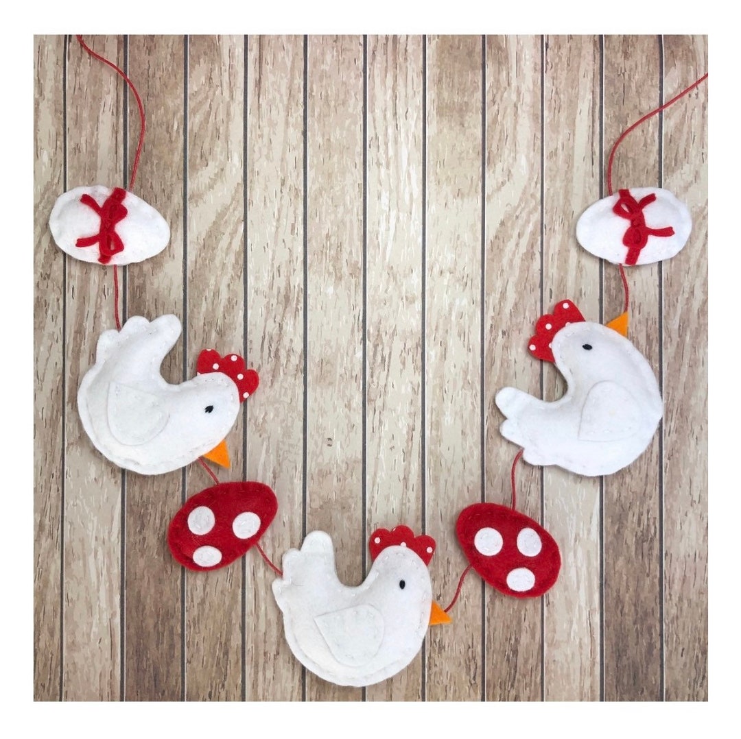 Felt Chicken and Egg Garland, Rustic Hen Wall Decor, Easter Chicken ...