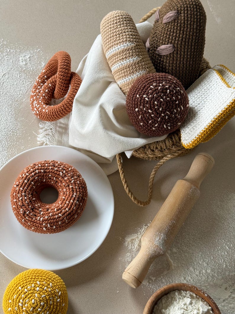 Play Food Set ( 8 Pc), Pretend Bakery Toy, Crochet Bread, Montessori ...