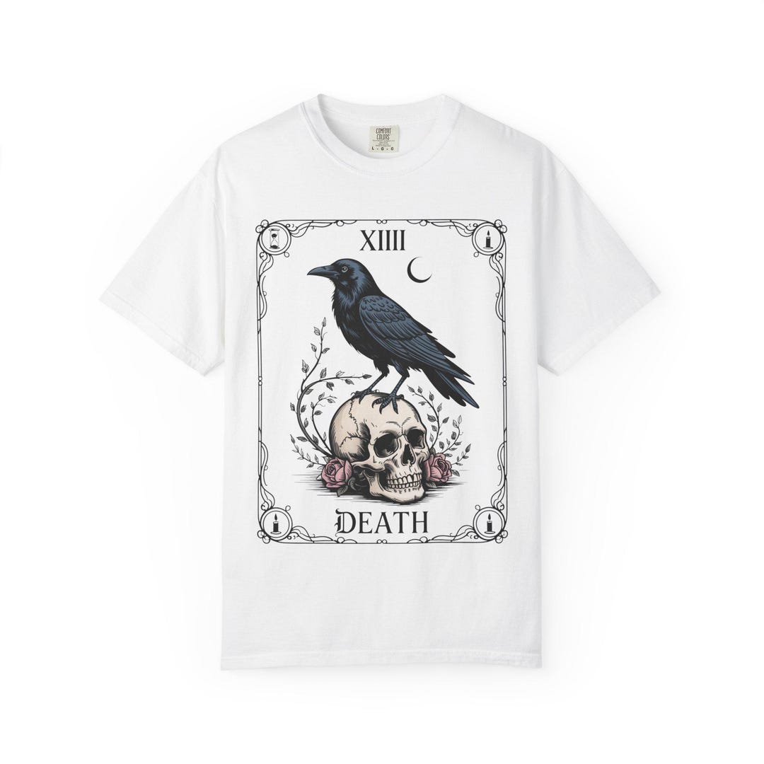 Tarot Card Raven Death Comfort Colors®, Gothic Crow Skull Tarot Shirt ...