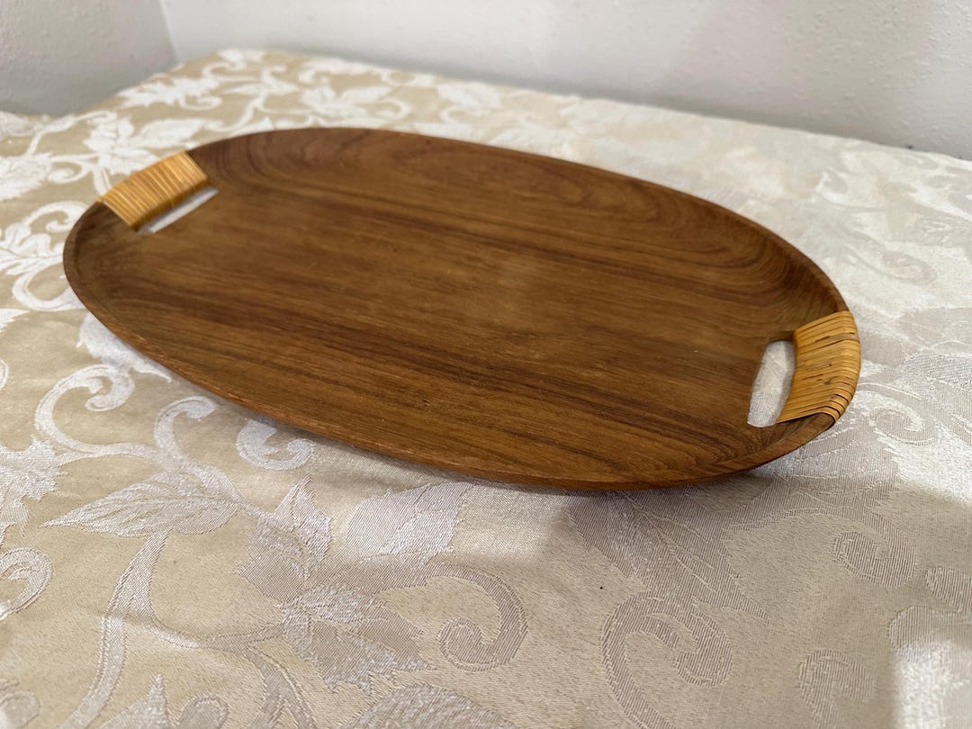 Vintage Teak Serving Platter With Wicker Wrap — Boho Coastal ...