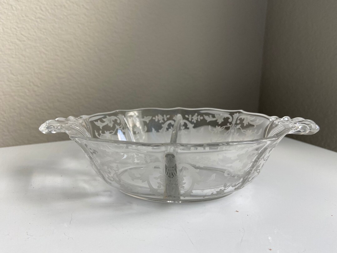 Two Section Fostoria Rose Etched Glass Candy, Pickle, Fruits, Sauce ...