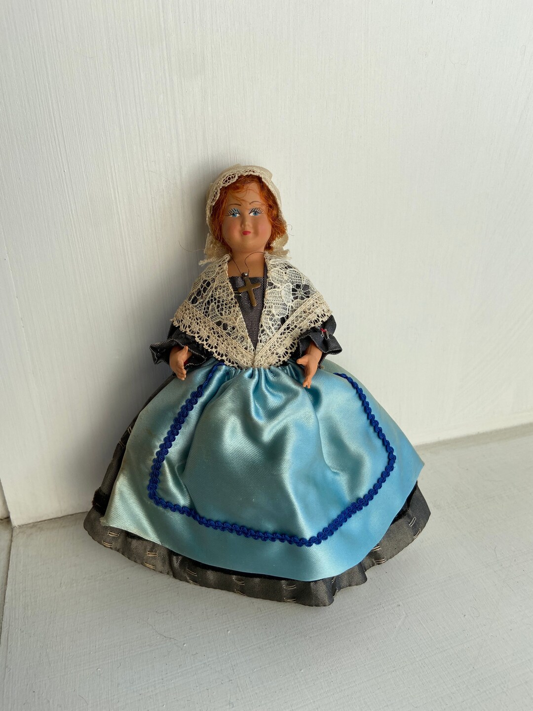 Vintage Red Haired Doll in a Blue and Grey Dress With Lace Shawl and ...