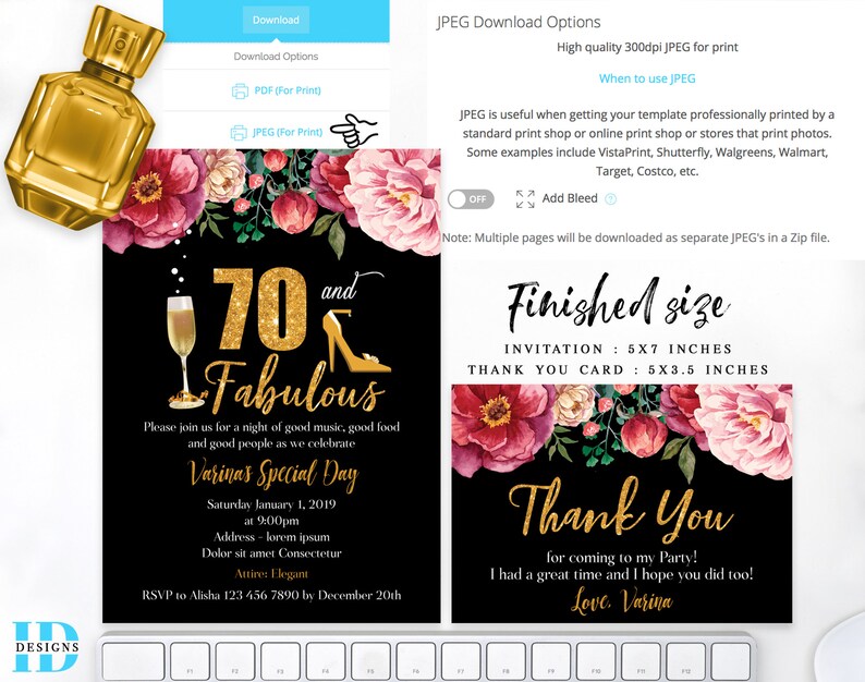 Editable 70th Birthday Invitation Floral Women Birthday Invite Women