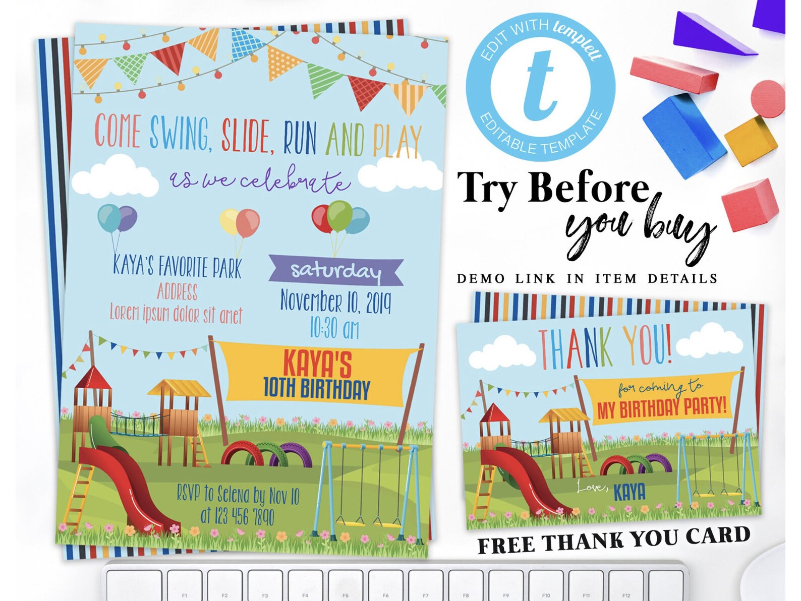 Playground Birthday Invitation EDITABLE, Park Birthday Party Invitation ...