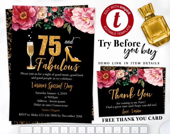 Editable 75th Birthday Invitation Floral Women Birthday Etsy