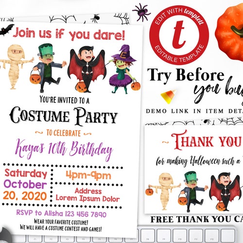 Halloween Birthday Invitation Costume Party Girl Invite Theme - Etsy