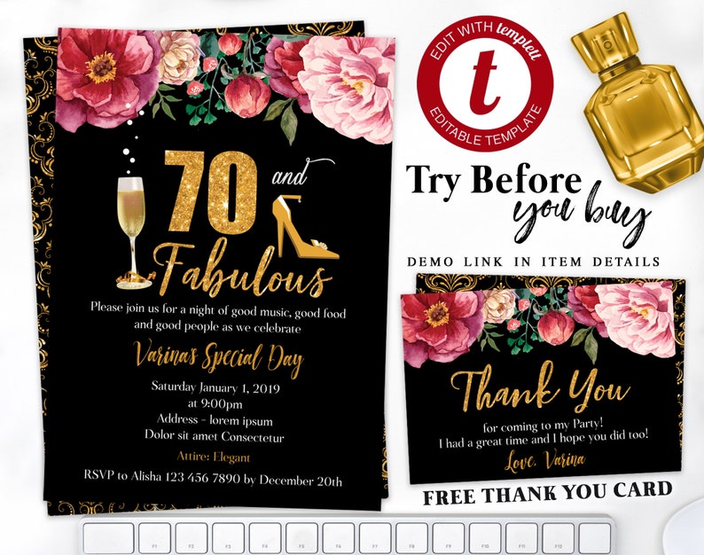 Editable 70th Birthday Invitation Floral Women Birthday Invite Women