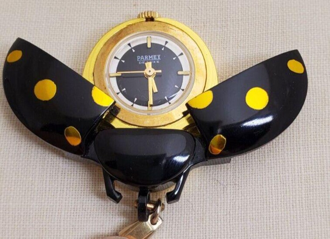 Vintage Cicada Beetle Ladybug Parmex Deluxe Pendant Watch Black Gold ...