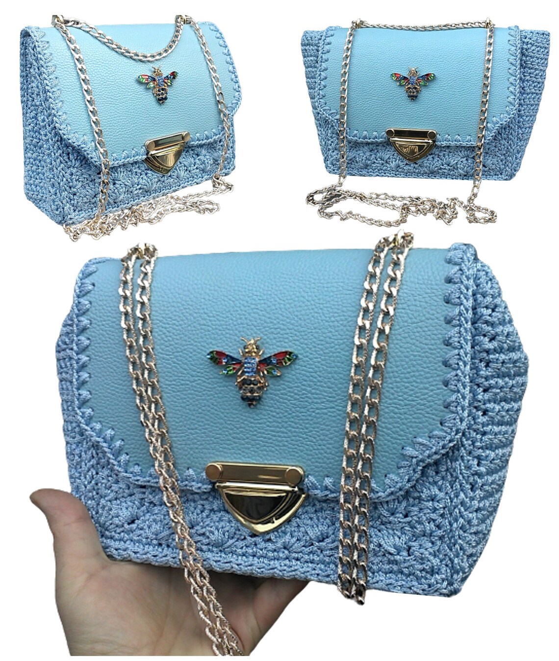 Pastel blue Leather shoulder bag/Small purse with a rhinestone | Etsy