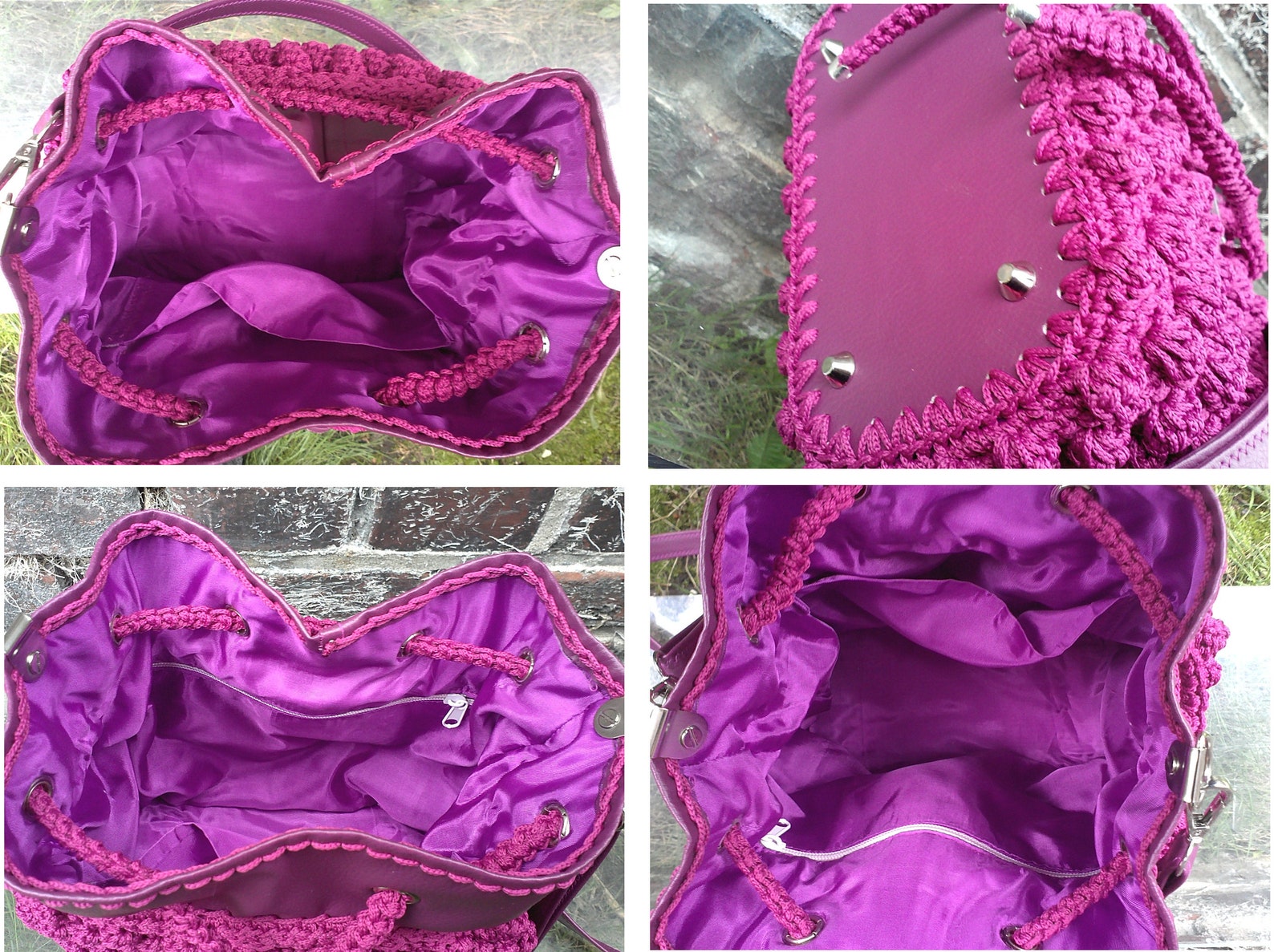 Сrocheted Fuchsia Pink Shoulder Bag With Leather Belt.unusual Bag With ...