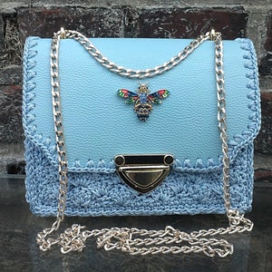 Pastel blue Leather shoulder bag/Small purse with a rhinestone | Etsy