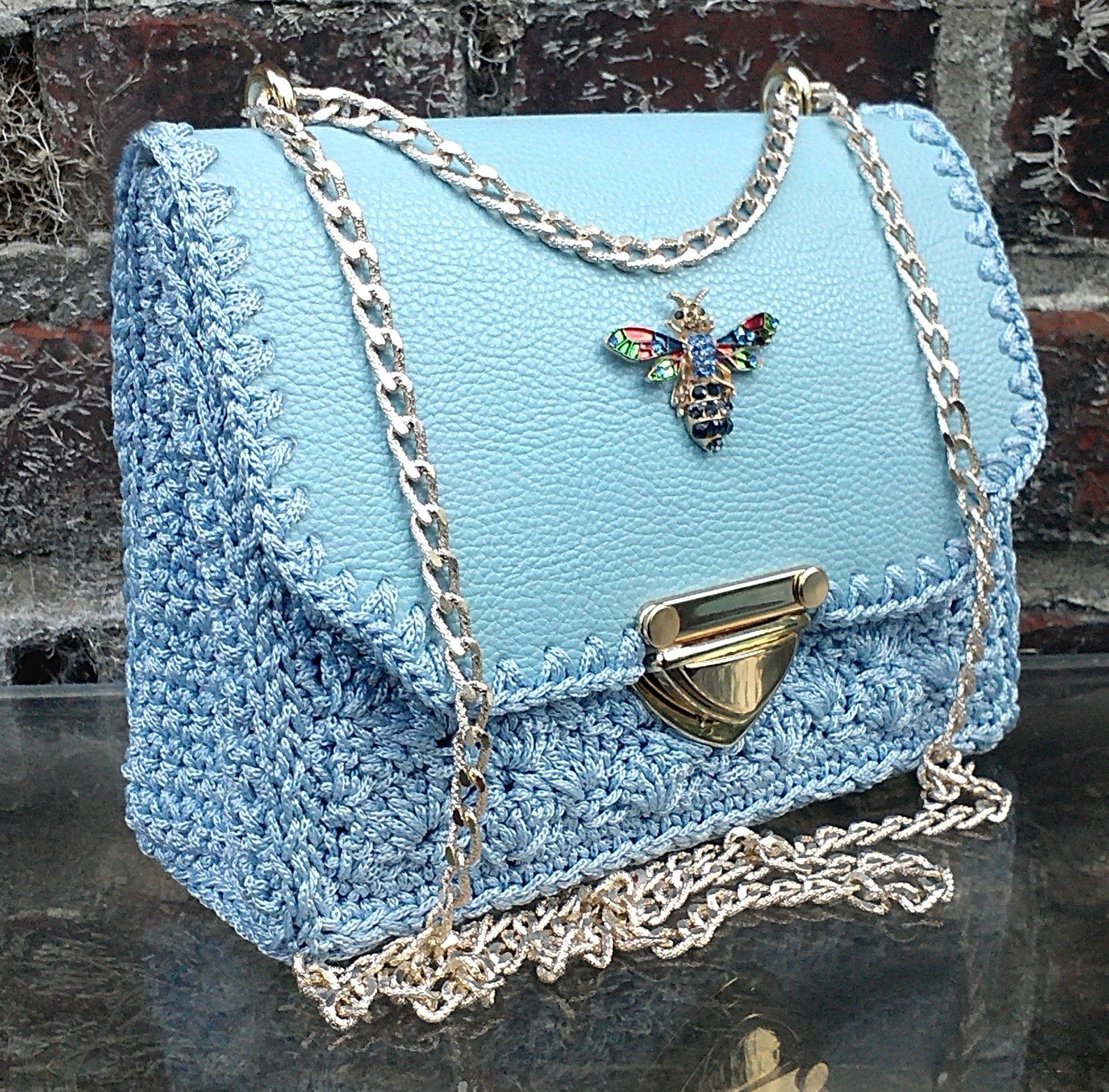 Pastel blue Leather shoulder bag/Small purse with a rhinestone | Etsy