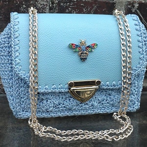 Pastel blue Leather shoulder bag/Small purse with a rhinestone | Etsy